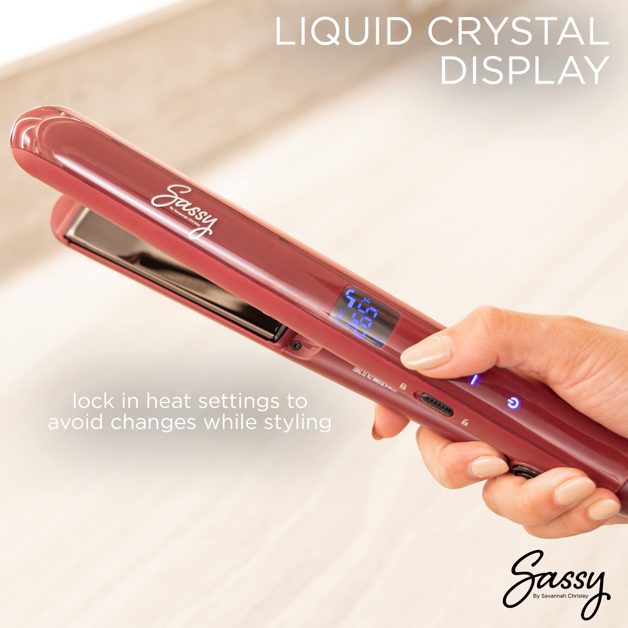 Sassy 1” Titanium Flat Iron, Adjustable Heat Hair Straightener with Ion Generator, Liquid Crystal Display with 10 Temperature Settings (Maroon)