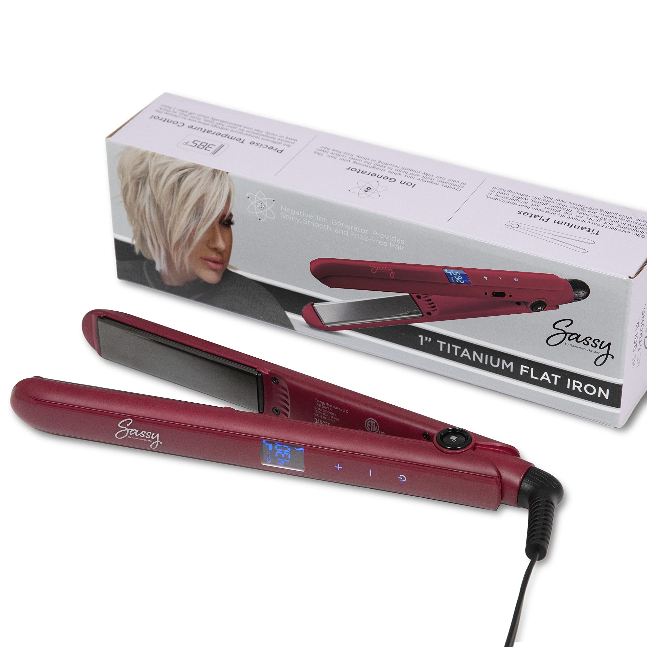 Sassy 1” Titanium Flat Iron, Adjustable Heat Hair Straightener with Ion Generator, Liquid Crystal Display with 10 Temperature Settings (Maroon)