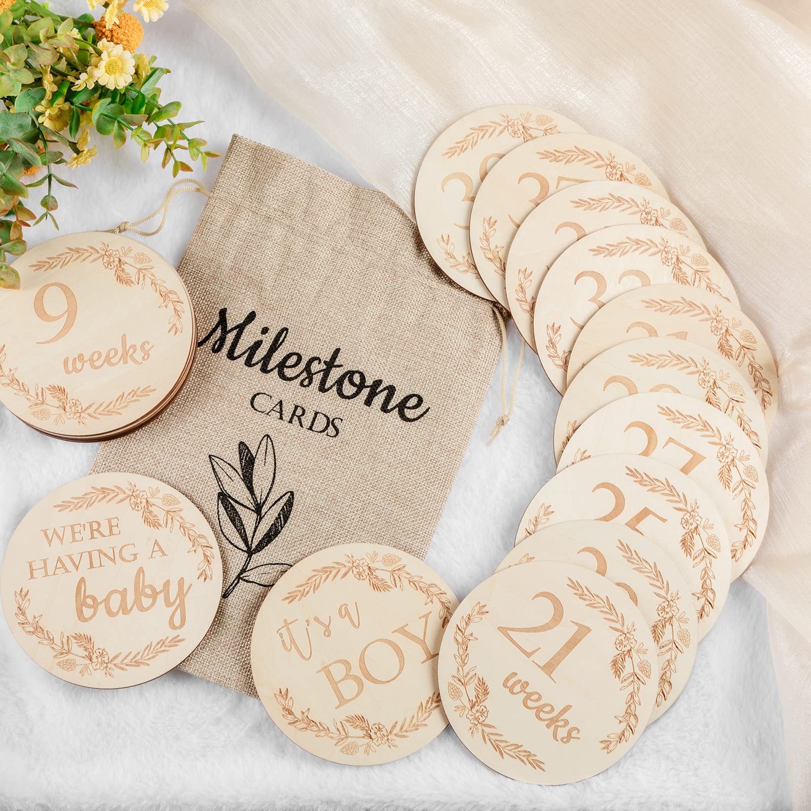 19 Pieces Pregnancy Milestone Signs Weekly Baby Bump Tracker 4.7" Milestone Cards Wooden Milestone Discs Double Sided Pregnancy Weekly Signs Neutral Baby Announcement Cards with Bag for Pregnant Moms