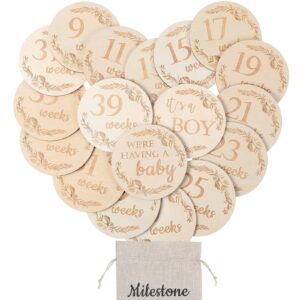 19 pieces pregnancy milestone signs weekly baby bump tracker 4.7" milestone cards wooden milestone discs double sided pregnancy weekly signs neutral baby announcement cards with bag for pregnant moms