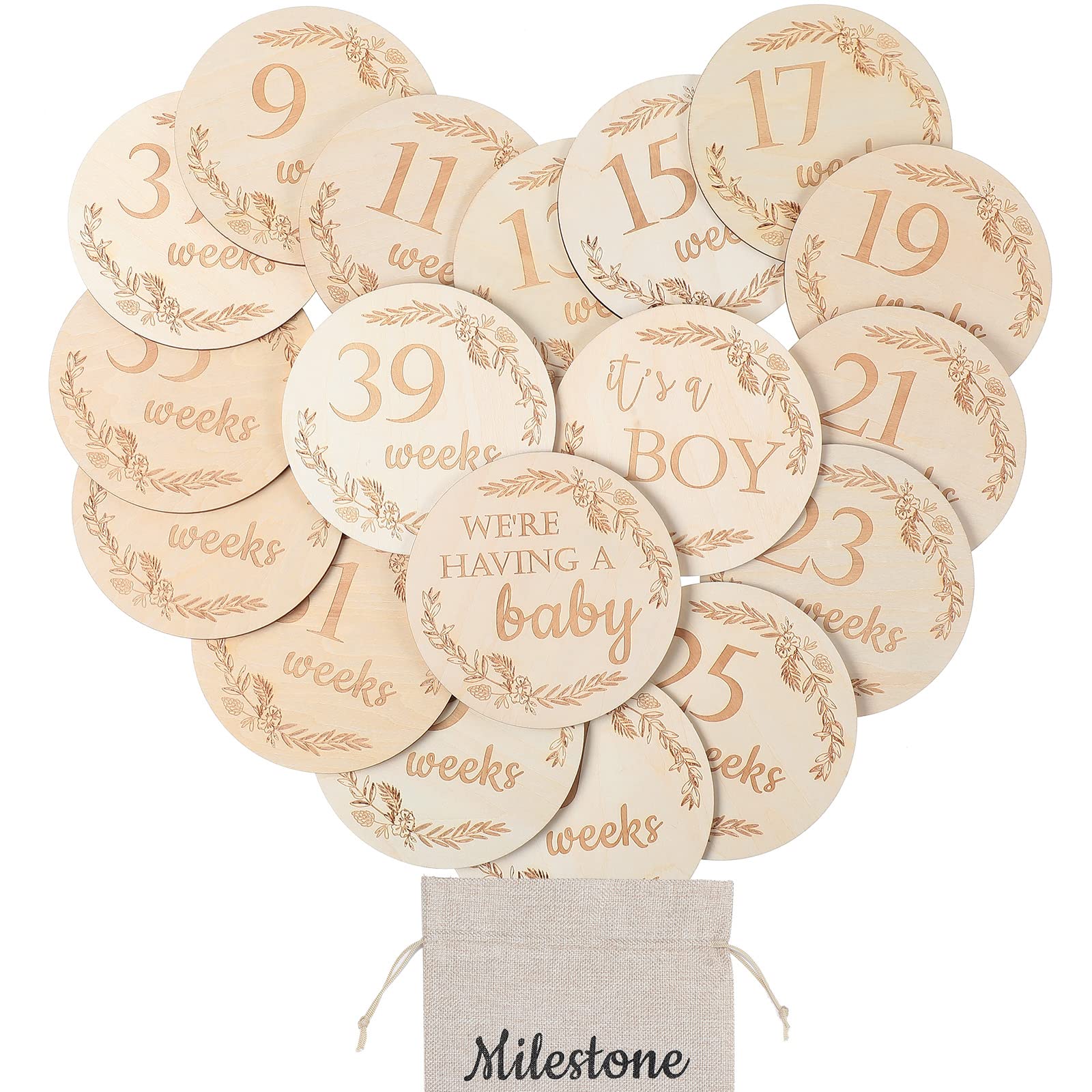 19 Pieces Pregnancy Milestone Signs Weekly Baby Bump Tracker 4.7" Milestone Cards Wooden Milestone Discs Double Sided Pregnancy Weekly Signs Neutral Baby Announcement Cards with Bag for Pregnant Moms