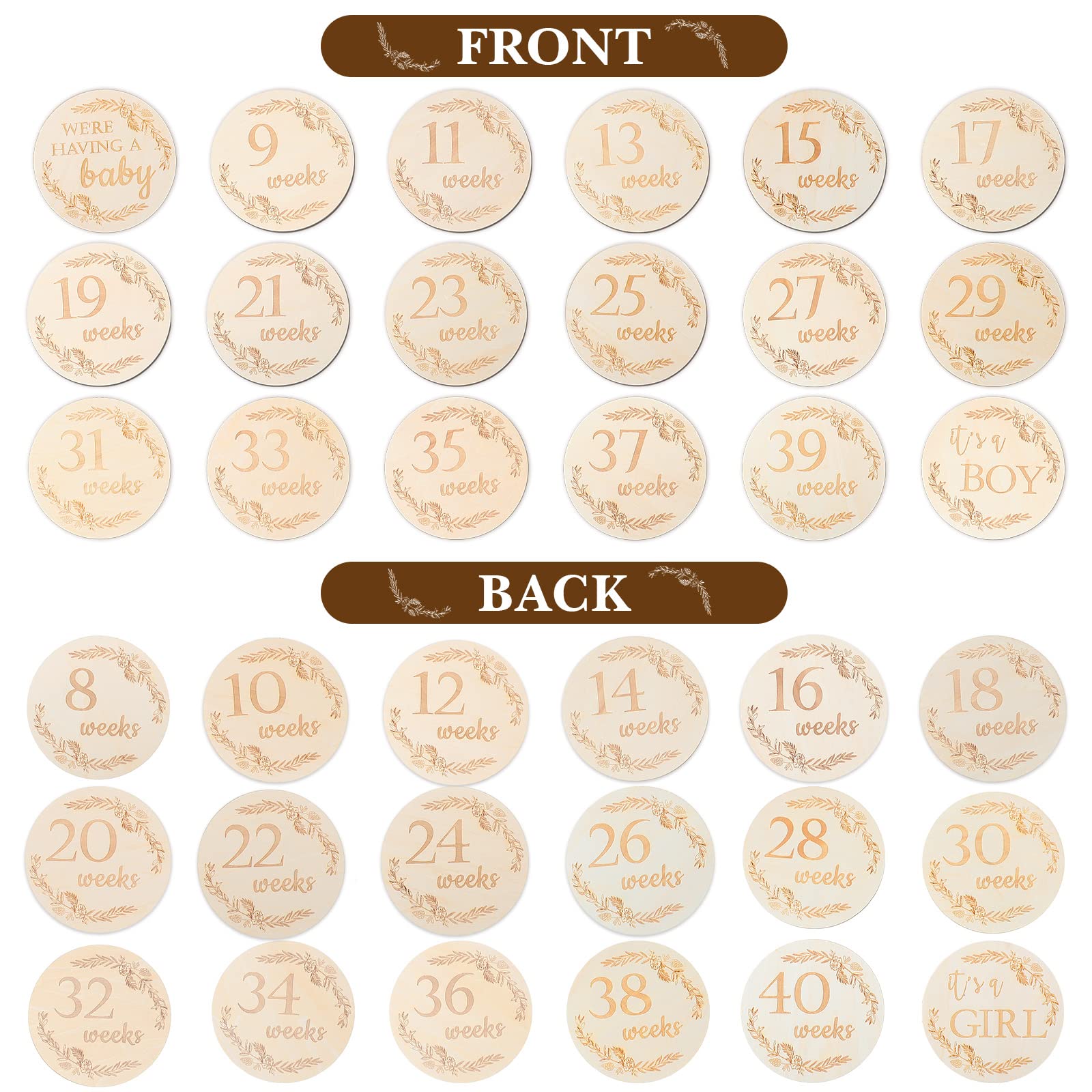 19 Pieces Pregnancy Milestone Signs Weekly Baby Bump Tracker 4.7" Milestone Cards Wooden Milestone Discs Double Sided Pregnancy Weekly Signs Neutral Baby Announcement Cards with Bag for Pregnant Moms