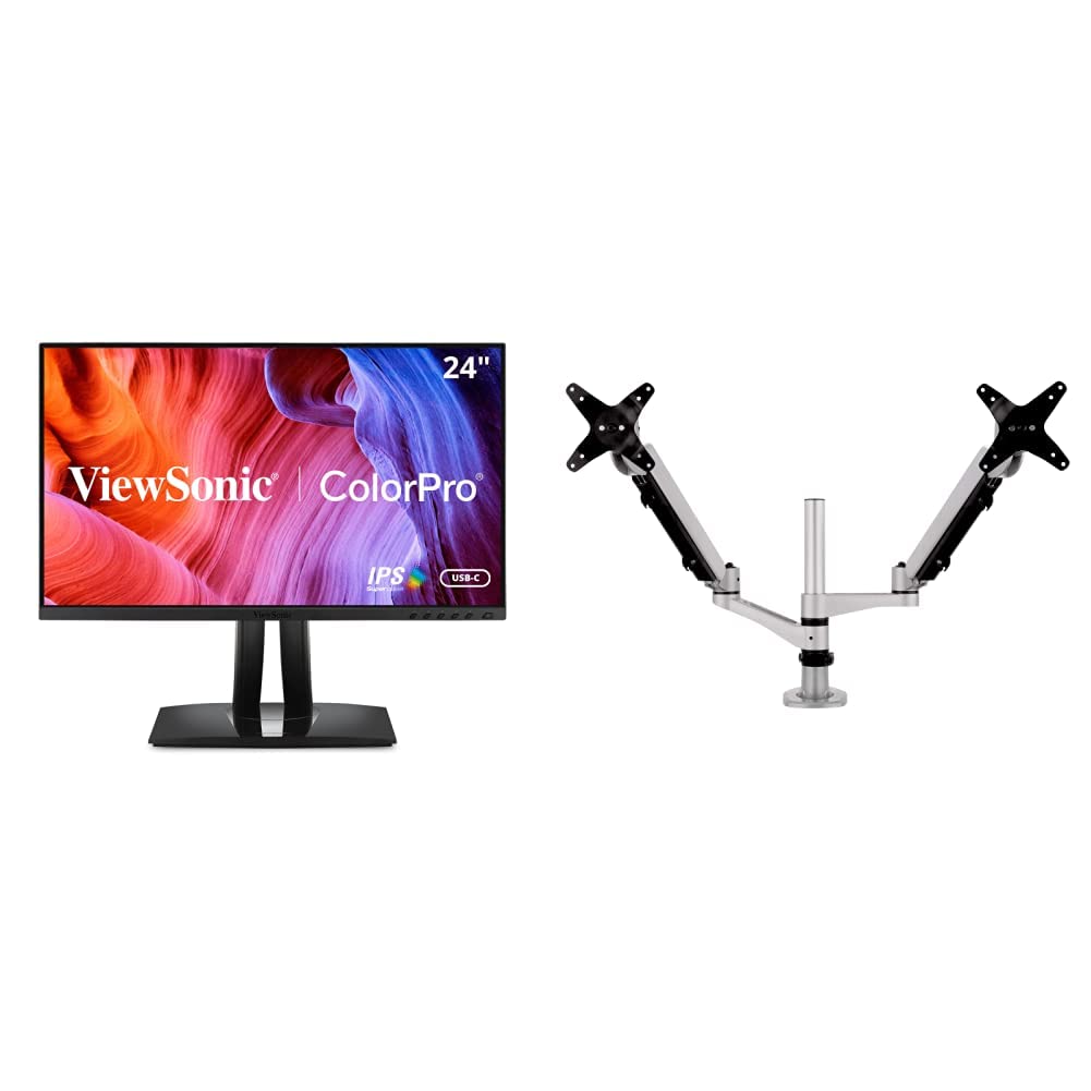 ViewSonic VP2456 24 Inch 1080p Premium IPS Monitors and LCD-DMA-002 Spring-Loaded Dual Monitor Mounting Arm with Vesa Mount