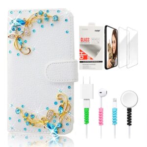 stenes bling wallet phone case compatible with samsung galaxy s23 - stylish - 3d handmade pretty butterfly design leather cover with screen protector & cable protector - blue