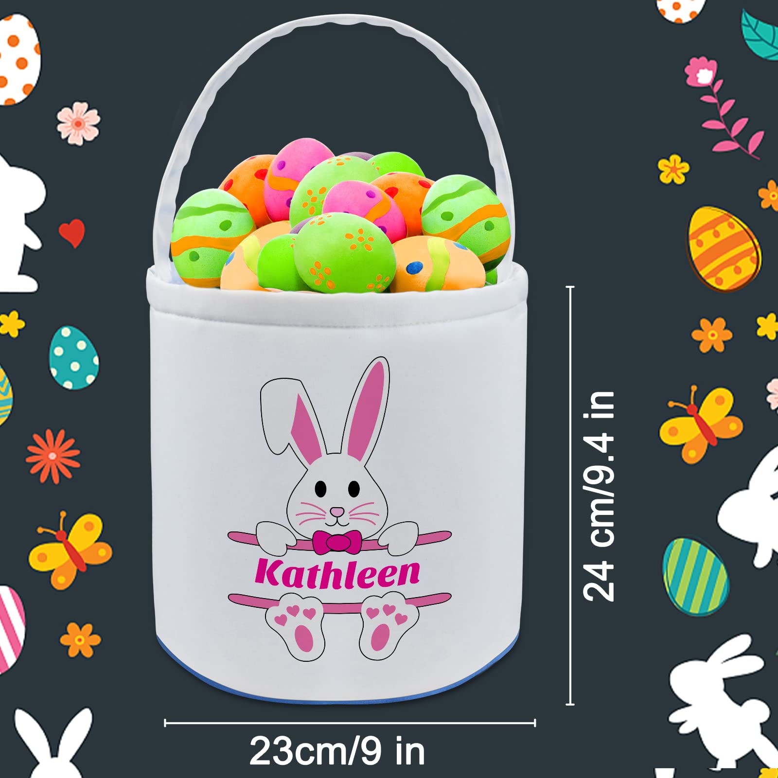 Personalized Easter Baskets Unicorn Bunny for Boys Girls Custom Name Easter Basket Egg Canvas Tote Bag with Handle Kids Gift Pink