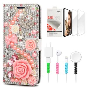 stenes bling wallet phone case compatible with samsung galaxy s23 - stylish - 3d handmade crystal rose crown bow flowers magnetic leather cover with screen protector & cable protector - pink