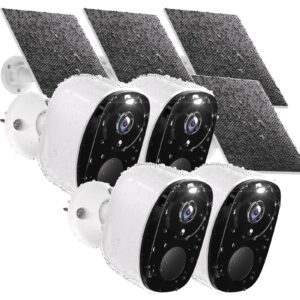 rraycom 4pc solar security cameras wireless outdoor, 2k battery powered security cameras, wifi security cameras for home outside, color night vision, ai motion detection, 2-way audio, ip65, sd/cloud