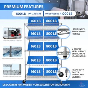 48 x 24 x 76, 4000 LBS, Commercial Metal Shelves for Storage with Wheels for Garage Shelving, 5 Tier Wire Shelving Rack for Kitchen Storage, Heavy Duty Shelving for Home Storage, Chrome, Crescent