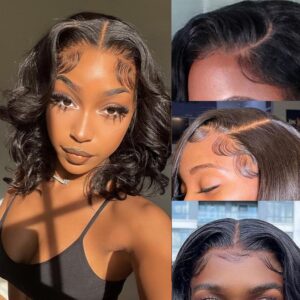 dunmud bob wig human hair wigs for black women 4x4 glueless lace front wigs human hair pre plucked short bob body wave lace closure wigs loose wave wigs brazilian virgin remy hair wig 10 inch