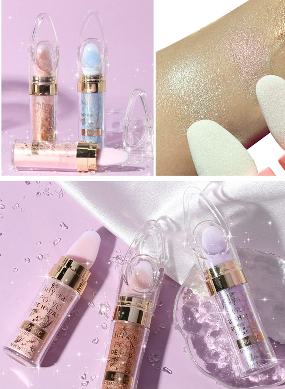 Go Ho White Glitter Powder Highlighter Makeup,Patting Highlight Powder with Sponge Head,Fine Shimmer Face Blush Powder Shinning Looking,Highlighter Powder Puff Stick for Body and Hair,#01