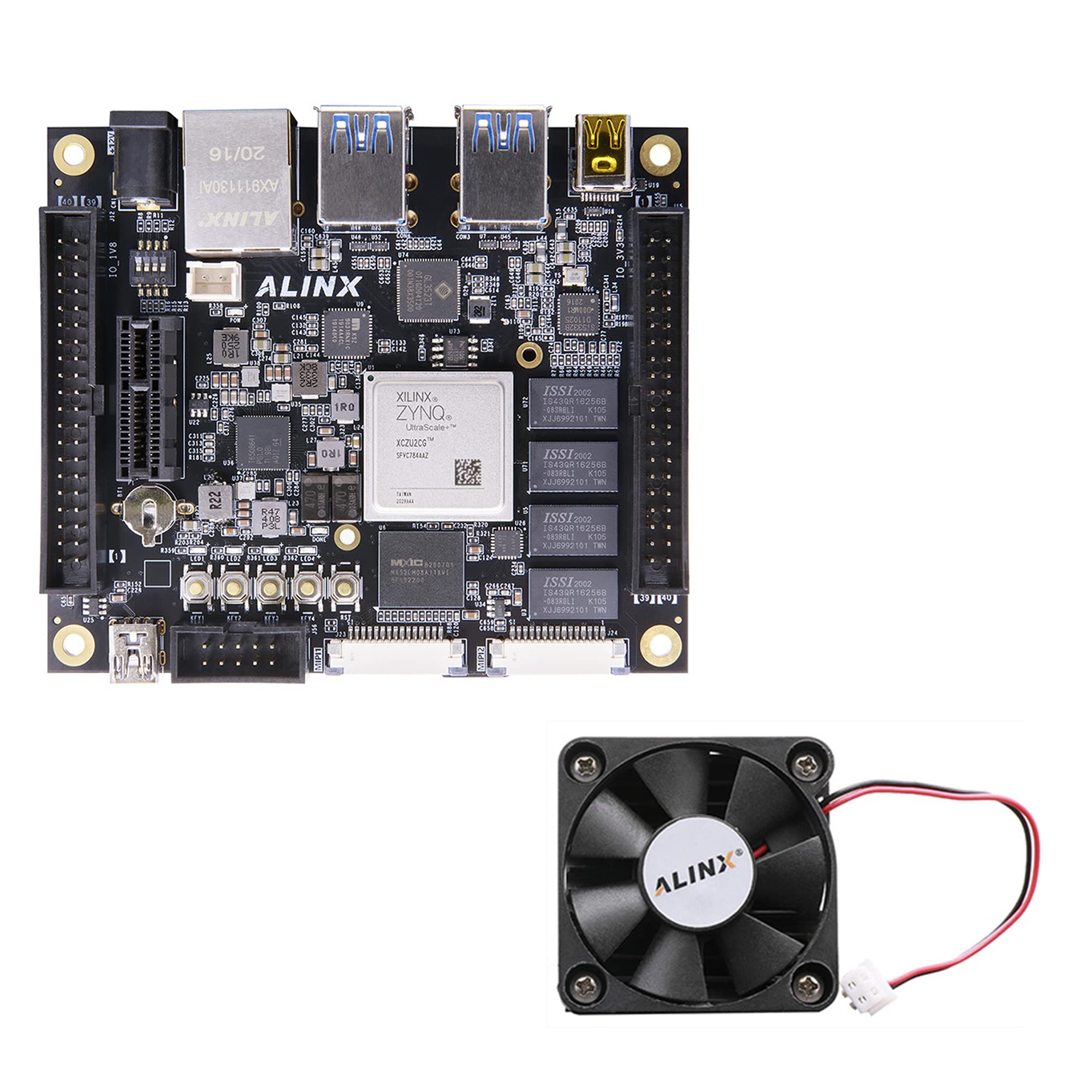 MiiElAOD AXU2CGB: Xilinx Zynq UltraScale+ MPSoC ZU2CG FPGA Board with Customzied Fan Vitis-AI DPU 2GB DDR4 8GB EMMC (Bare Board + Fan)