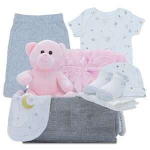 baby girl newborn essentials, baby shower gifts with decorated gift basket set for girls including blanket bodysuit towels and washcloths teddy bear