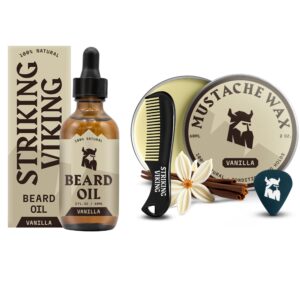 striking viking vanilla beard oil (large 2 oz.) with mustache wax and comb (vanilla scent)