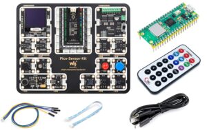 for raspberry pi pico w, raspberry pi pico w sensor kit with expansion board and raspberry pi pico w with pre-soldered header and rgb led,motor driver,etc,15 detachable sensors, all-in-one design