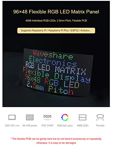 Coolwell Full Color RGB Flexible LED Matrix Panel for Raspberry Pi 4B+ 4B 3B+ 3B 2B+ Zero W WH Pico ESP32 Ardui 2.5mm Pitch 96×48 Pixels Adjustable Brightness and Bendable PCB