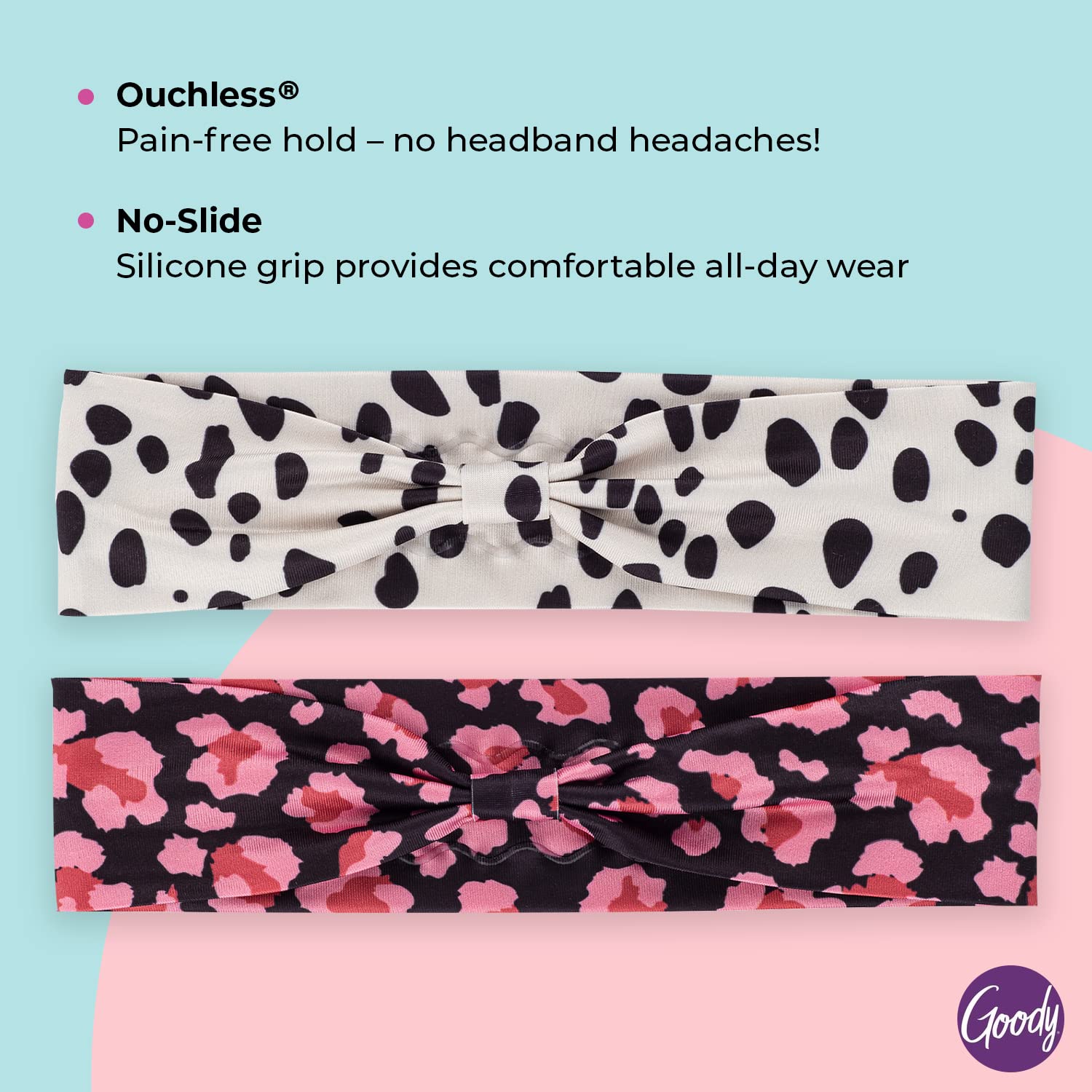 GOODY Low Profile Headwraps for Fine Hair - 2 Count, Cheetah - Comfortable and Stylish Fabric Won't Pull, Snag or Damage Your Hair - Pain-Free Hair Accessories for Women, Men, Boys, and (Pack of 2)