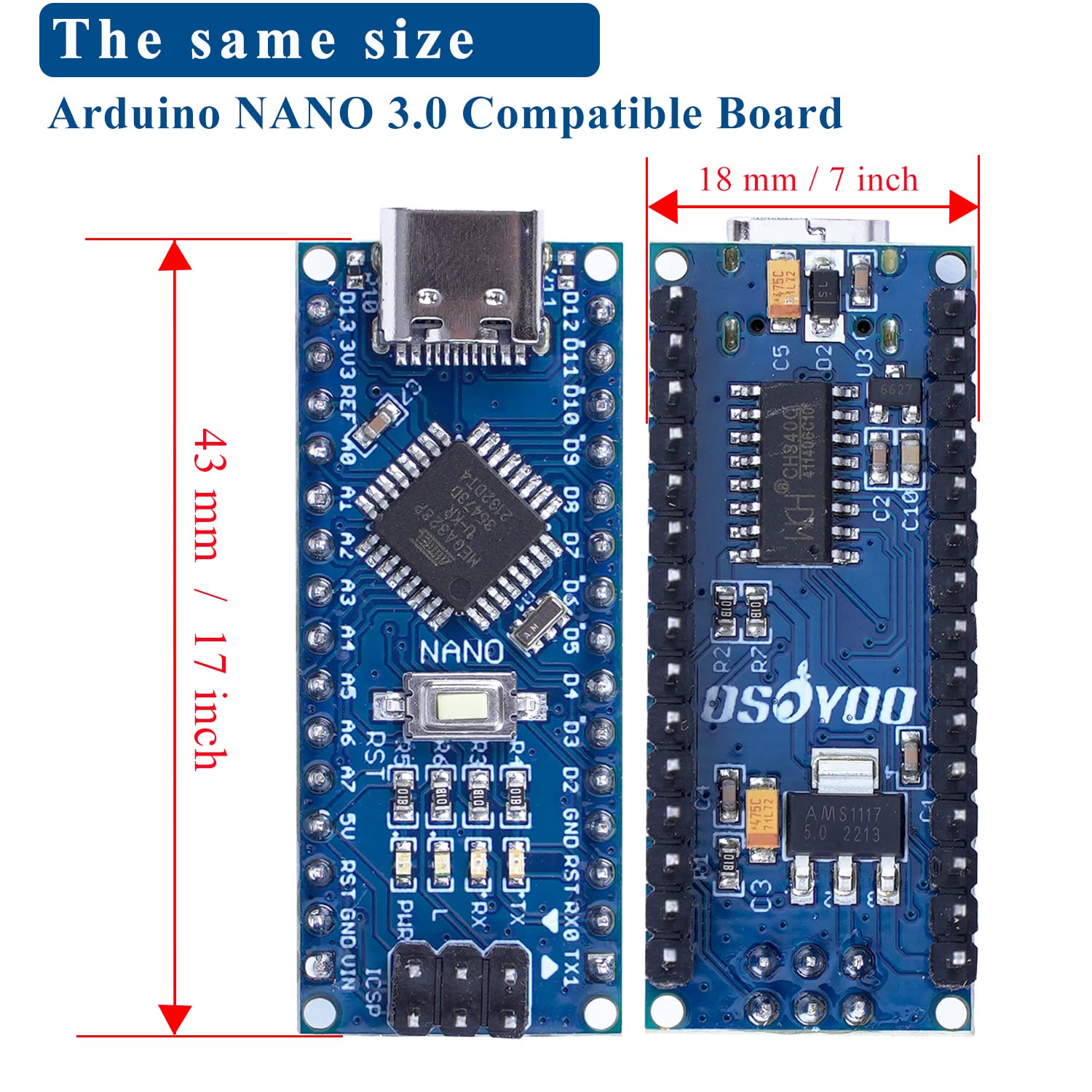 OSOYOO 1x Nano at+mega+328P Module CH340 5V/16M USB-C Micro-Controller Board for Arduino Nano V3.0