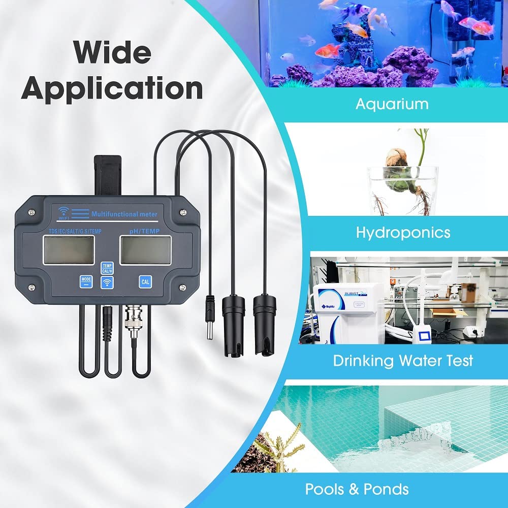 Water Testing Meter PH/EC/Salt/TDS(PPM)/S.G/Temp Multi-Parameter Water Quality Tester Kit Suitable for Water Quality Inspectors and Aquarium Enthusiasts