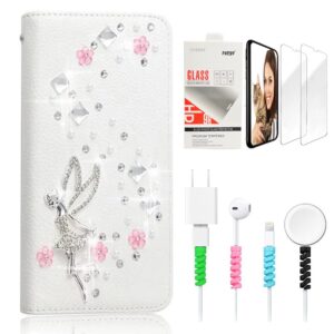 stenes bling wallet luxury phone case compatible with samsung galaxy s23 plus - stylish - 3d handmade girls fairy floral design leather cover with screen protector & cable protector - white