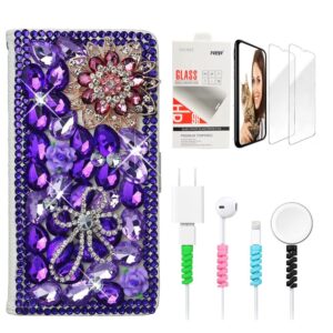 stenes bling wallet luxury phone case compatible with samsung galaxy s23 plus - stylish - 3d handmade luxury flowers design leather cover with screen protector & cable protector - deep purple