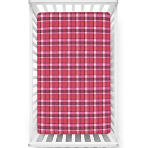 plaid themed fitted crib sheet,standard crib mattress fitted sheet ultra soft material-baby sheet for boys girls,28“ x52“,pink and pale maroon