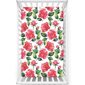 rose themed fitted mini crib sheets,portable mini crib sheets soft toddler mattress sheet fitted-great for boy or girl room or nursery,24“ x38“,white green red