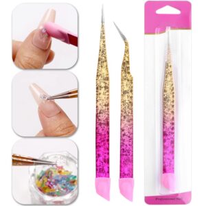 2pcs double ended nail art tweezers for women,stainless steel tweezer set straight tip curved tweezers precision lash tweezers for eyelash extensions pointed tweezers for crafts rhinestone picker tool