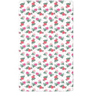 rose themed fitted mini crib sheets,portable mini crib sheets soft and breathable bed sheets-great for boy or girl room or nursery,24“ x38“,rose dark coral