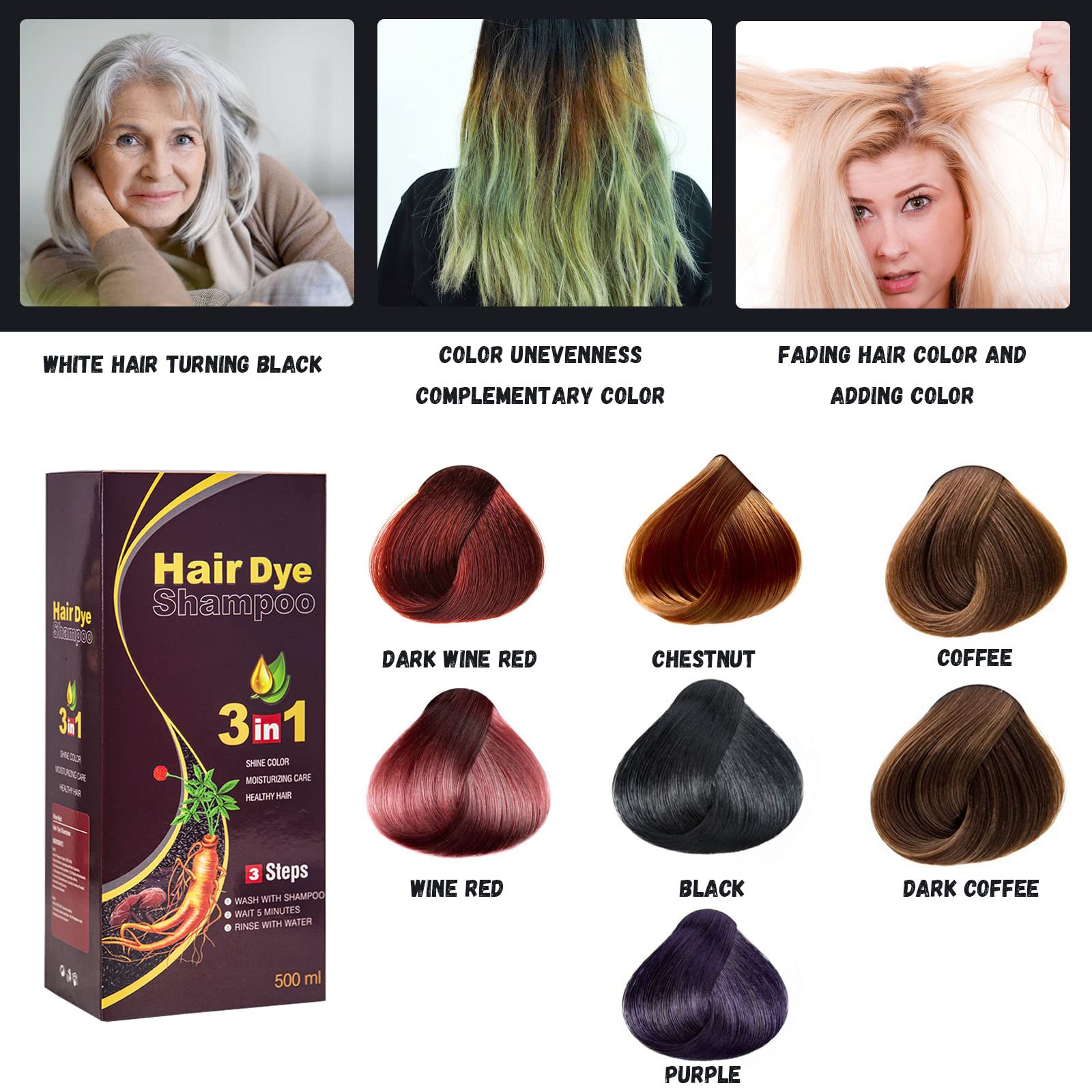 500ml Natural Herbal Black Color Instant Dye Shampoo, 3 in 1 Moisturizing and Smoothing Shampoo for Easy-to-use Hair Dyeing (Dark wine red)