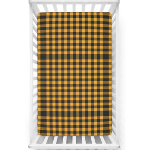 plaid themed fitted mini crib sheets,portable mini crib sheets soft & stretchy fitted crib sheet-baby sheet for boys girls,24“ x38“,black and orange