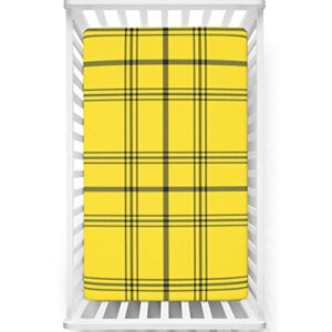 plaid themed fitted mini crib sheets,portable mini crib sheets toddler bed mattress sheets-baby sheet for boys girls,24“ x38“,yellow and charcoal grey