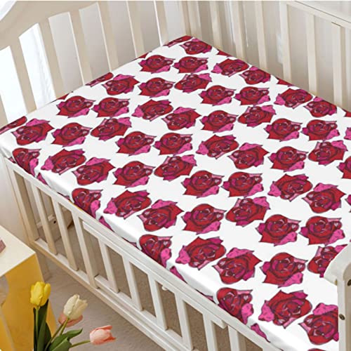 Roses Themed Fitted Mini Crib Sheets,Portable Mini Crib Sheets Soft Toddler Mattress Sheet Fitted-Baby Sheet for Boys Girls,24“ x38“,Raspberry Pink Dark Magenta White