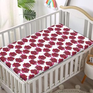 Roses Themed Fitted Mini Crib Sheets,Portable Mini Crib Sheets Soft Toddler Mattress Sheet Fitted-Baby Sheet for Boys Girls,24“ x38“,Raspberry Pink Dark Magenta White