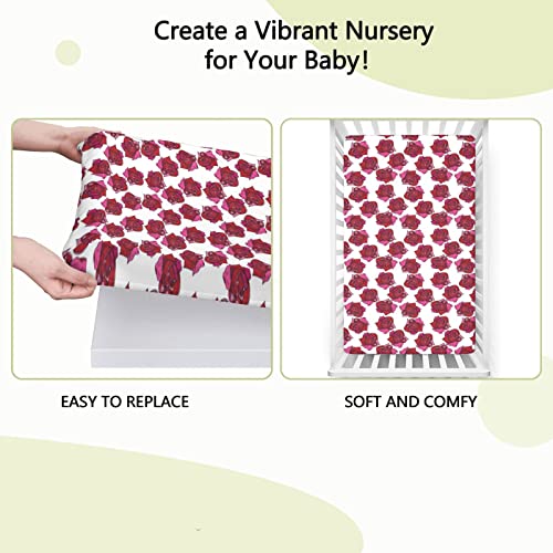 Roses Themed Fitted Mini Crib Sheets,Portable Mini Crib Sheets Soft Toddler Mattress Sheet Fitted-Baby Sheet for Boys Girls,24“ x38“,Raspberry Pink Dark Magenta White