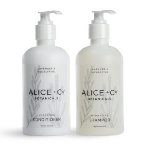 alice + co. shampoo & conditioner - fairfield by marriott - towneplace - springhill - hotel bath amenities - lavender & eucalyptus - 8.5 oz bottles - hair care set