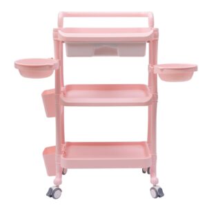 3 tier rolling salon trolley stand be-au-ty s-p-a storage organizer stand mobile service cart storage tray for equipment hair salon tool rack, 330lbs loading,18.9x13x33.3in (pink)