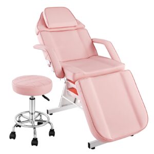 dangvivi facial chair with tattoo stool, lash chair bed for eyelash extensions, tattoo chair table for client with 2 adjustable storage baskets, esthetician bed for facial beauty (pink)