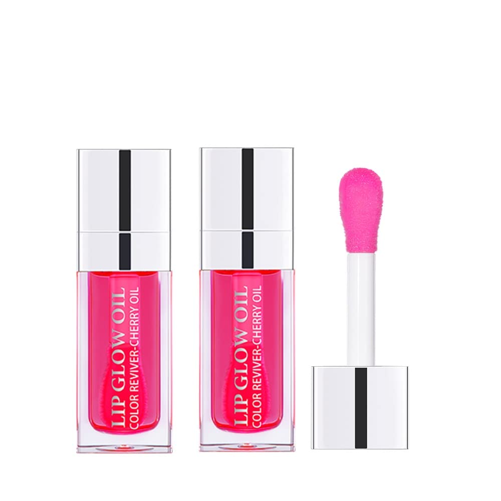 2 PCS Plumping Lip Oil,Hydrating Lip Gloss Oil,Long Lasting Nourishing Transparent Lip Care Oil Non-Sticky Big Brush Glitter Shine Primer Lip Tint (015 - Cherry)