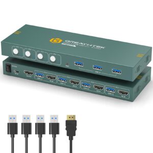 usb3.0 kvm switch hdmi 4k@60hz for 4 computers share 1 monitor, kvm switch 4 port with 3 usb 3.0 ports share keyboard mouse, support button switch, plug and play