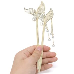 yueton 2PCS Fashion Fish Tail Alloy Hair Stick with Tassel Metal Pearl Rhinestions Hair Chopsticks Hair Forks Hairpins Hair Pins Chignon Pins Long Hair Decorations Hair Styling Pins for Buns