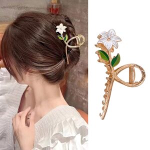 flower metal hair claw clips for thick/thin hair - decorative large gold lily barrettes with strong hold for women, 1pc hair accessory