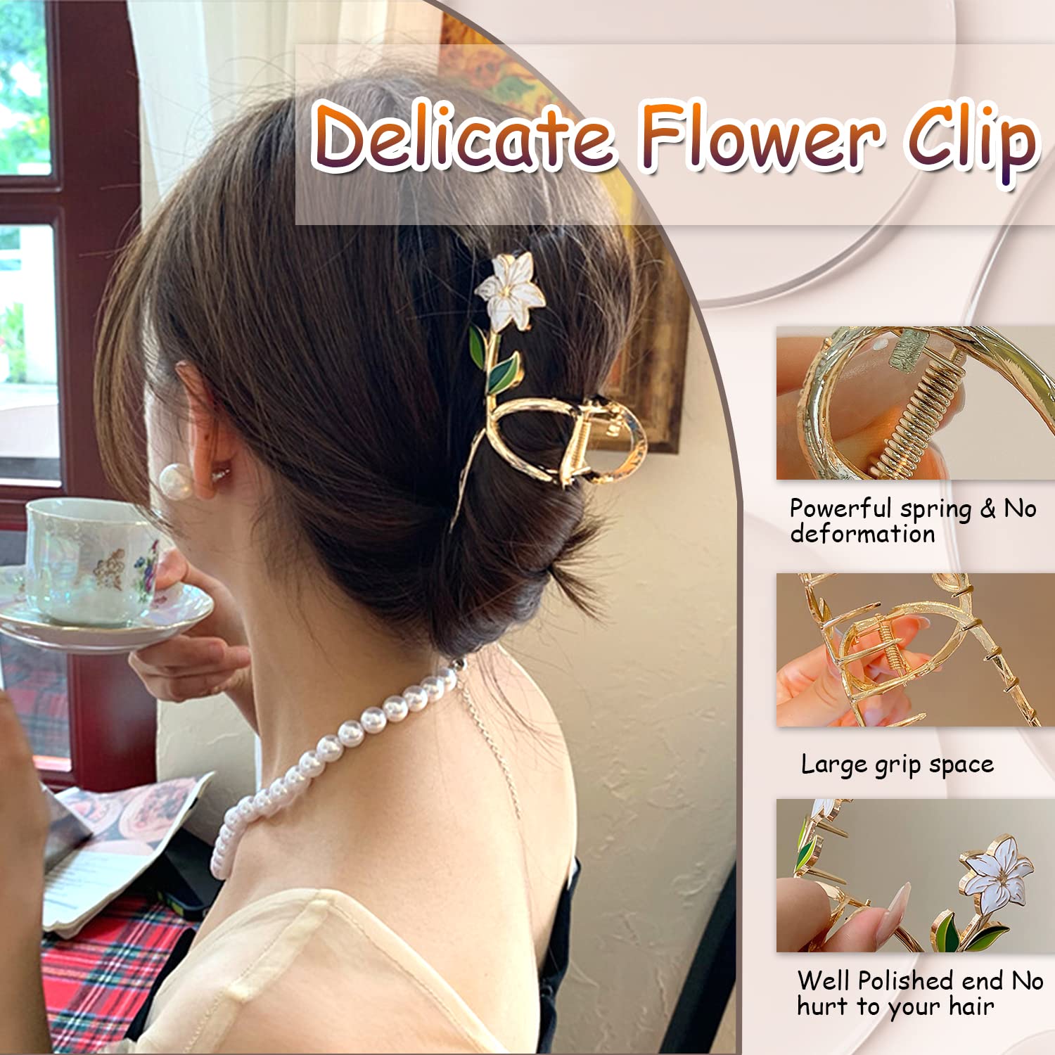 Flower Metal Hair Claw Clips for Thick/Thin Hair - Decorative Large Gold Lily Barrettes with Strong Hold for Women, 1Pc Hair Accessory