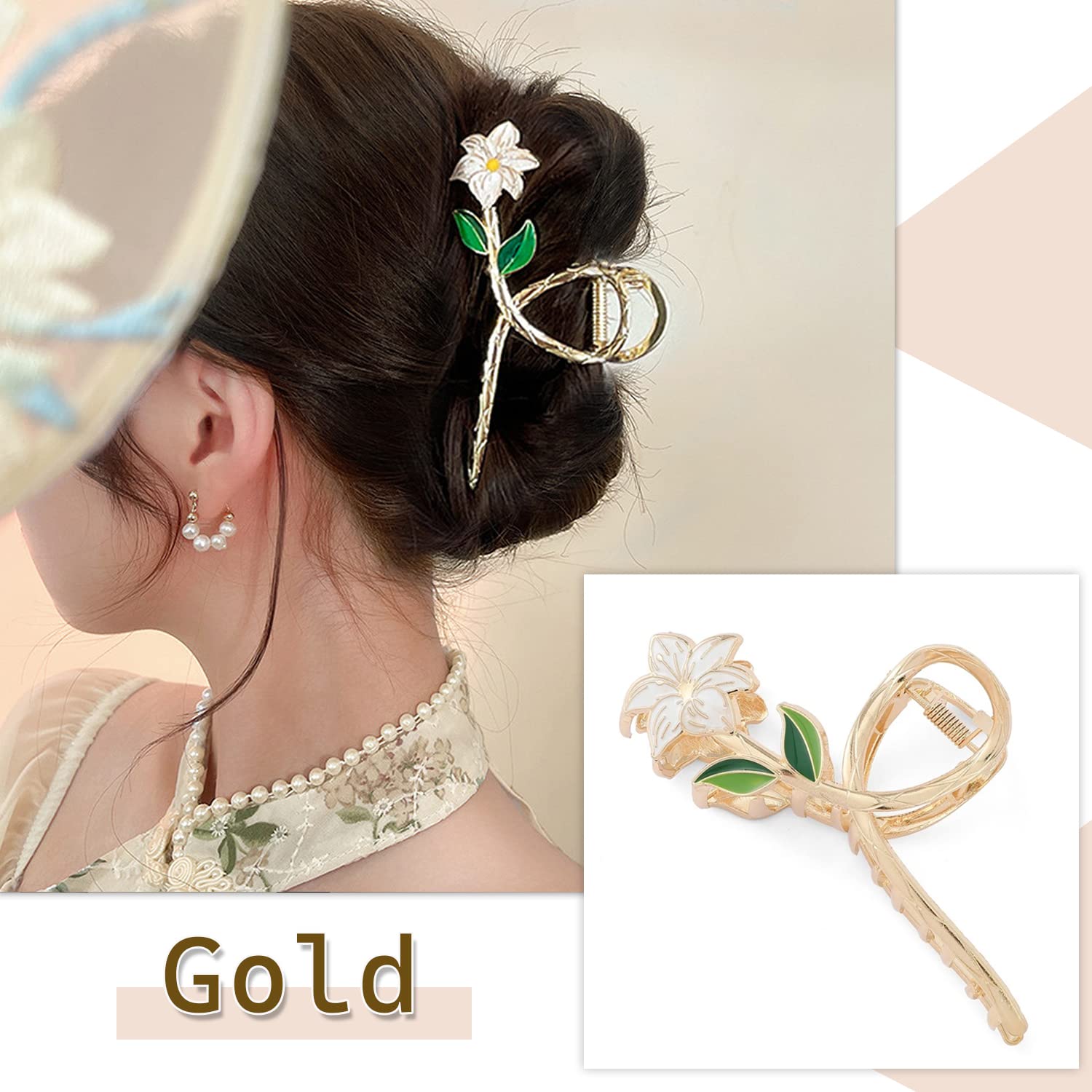 Flower Metal Hair Claw Clips for Thick/Thin Hair - Decorative Large Gold Lily Barrettes with Strong Hold for Women, 1Pc Hair Accessory