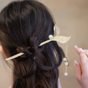 yueton 2PCS Fashion Fish Tail Alloy Hair Stick with Tassel Metal Pearl Rhinestions Hair Chopsticks Hair Forks Hairpins Hair Pins Chignon Pins Long Hair Decorations Hair Styling Pins for Buns