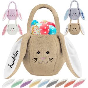 personalized easter buckets with name custom plush buny easter basket with handle long ears, customized egg hunting bags easter gift for boys girls, easter tote bag for candy（brown）