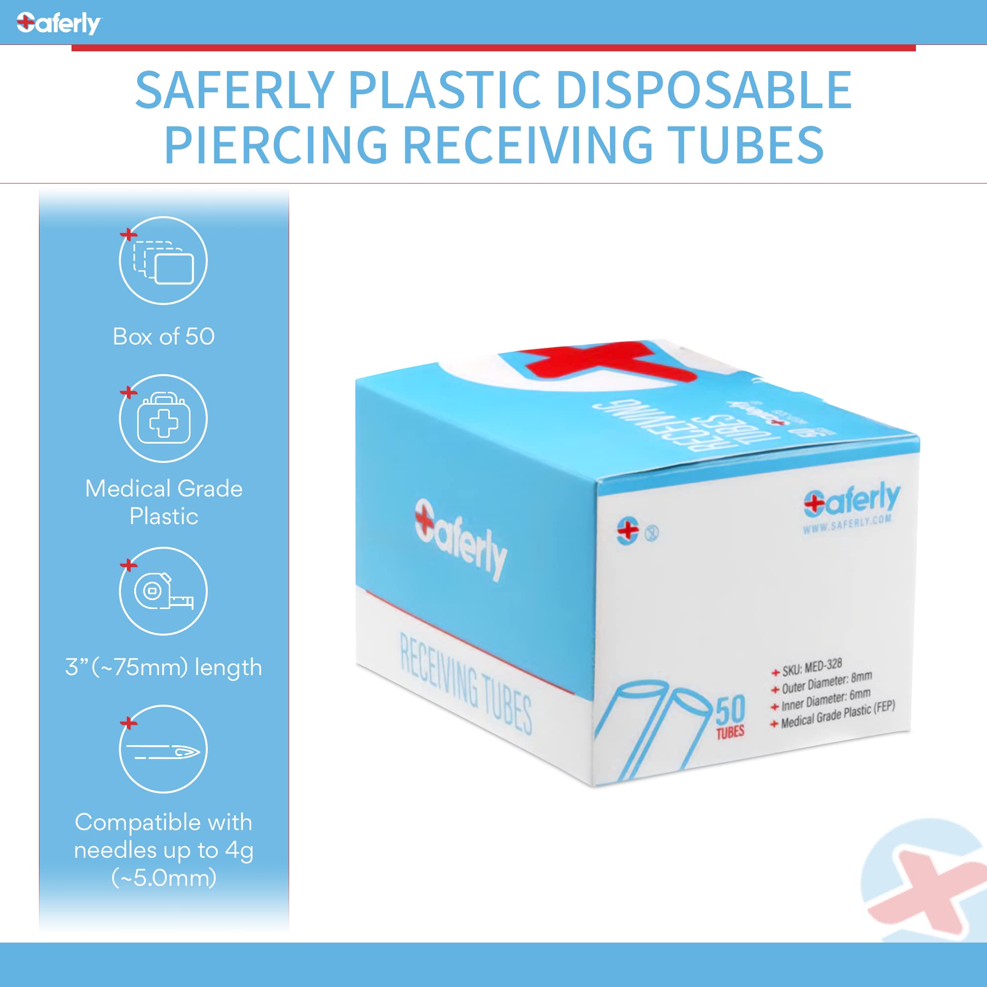 Saferly Body Piercing Needle Receiving Tubes - 8mm Plastic Medical Grade Disposable Piercing Needle Receiving Tubes - Body Jewelry Piercing Supplies (Box of 50)