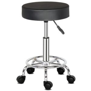 salon spa stools barstools pu leather modern round rolling stool with footrest height adjustable spa drafting salon tattoo work massage stools task chair (black 2)