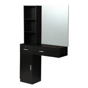 reshable wall mount salon station with mirror, beauty salon barber spa equipment with mirror, shelves, cabinet, locking drawers, table, standing hair styling furniture, black