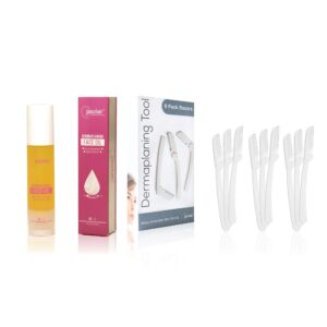 dermaplaning tool (9 count) and dermaplane oil bundle – easy to use face razor with smooth glide shave oil – effortlessly removes facial hair for happy skin