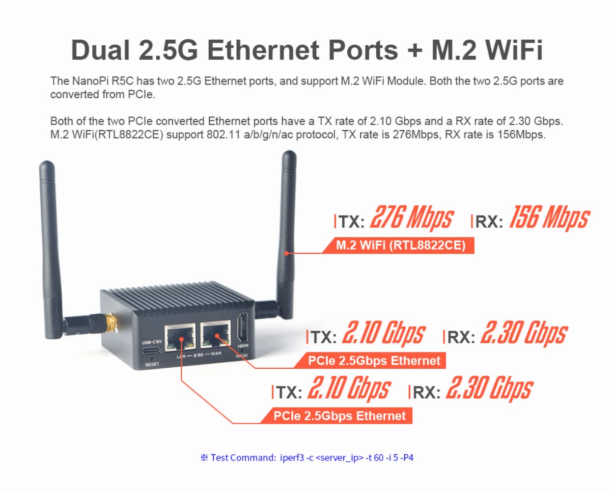 Kocoo NanoPi R5C with M.2 WiFi Module Rockchip RK3568B2 A55 Dual 2.5G Ethernet Port Support Linux/Openwrt/Debian/Ubuntu